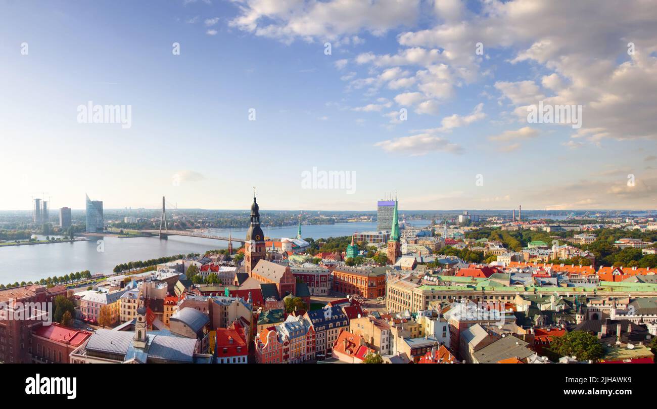 Panoramic view of the city from the tower Church of St. Peter. Riga ...