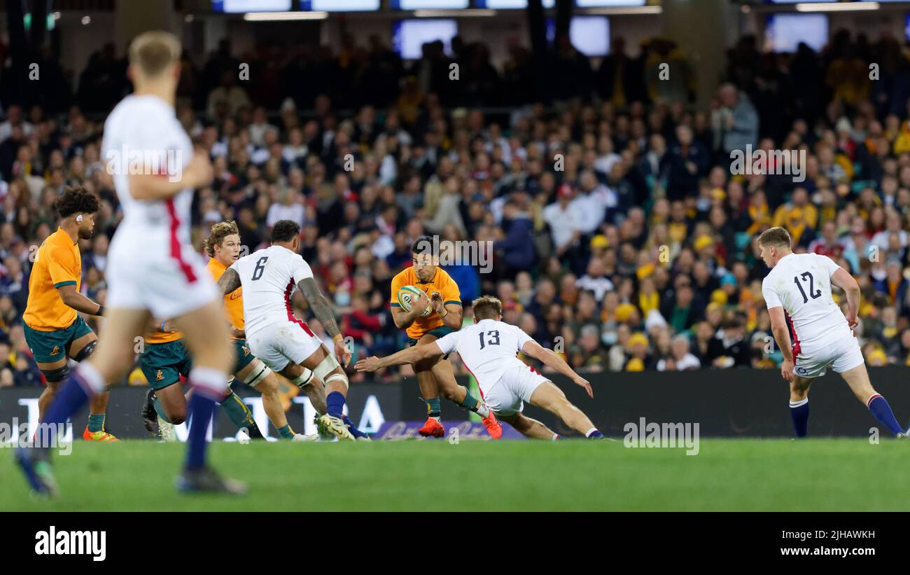 SYDNEY, AUSTRALIA - JULY 16: Hunter Paisami of the Wallabies is tackled ...