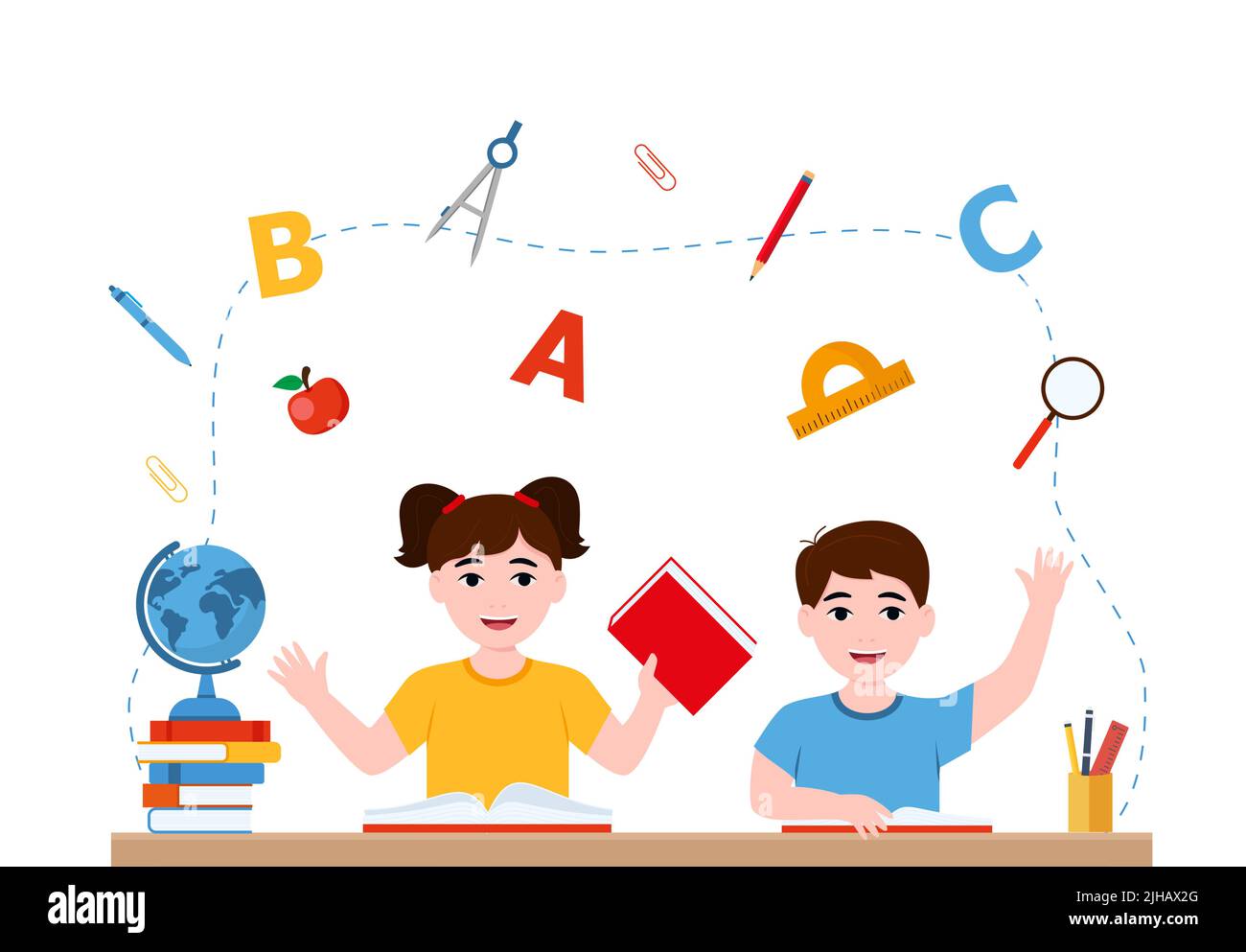 girl and boy are writing, kids doing homework, maths at home. Cartoon ...