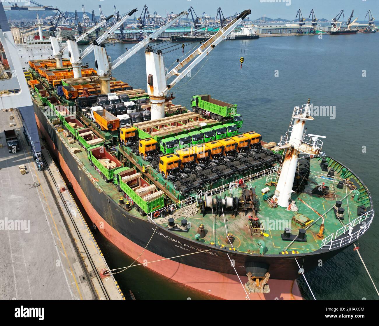 YANTAI, CHINA - JULY 17, 2022 - A ragxi ship loaded with construction ...