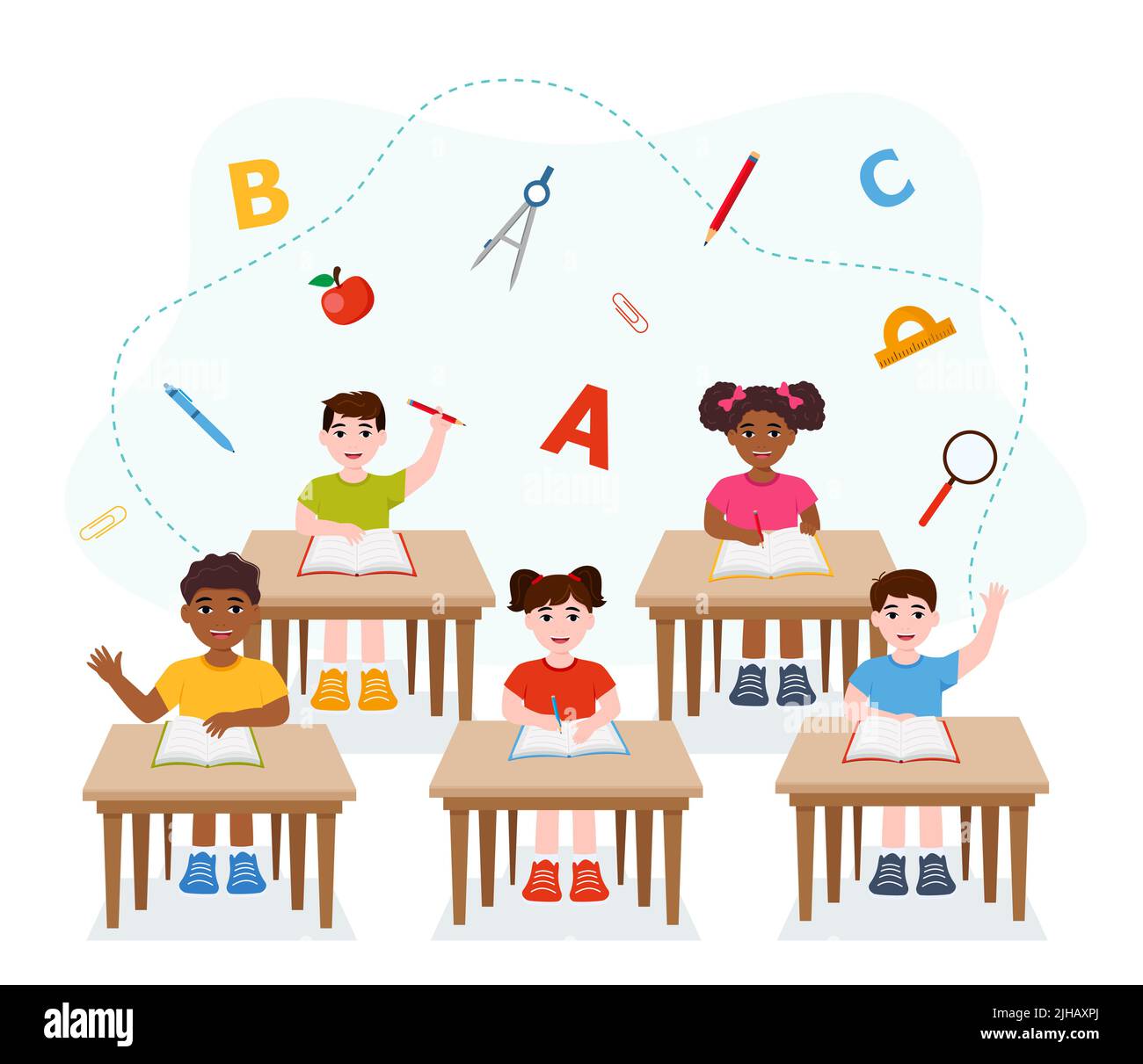 Primary school pupils sit at desk. Elementary education, children ...