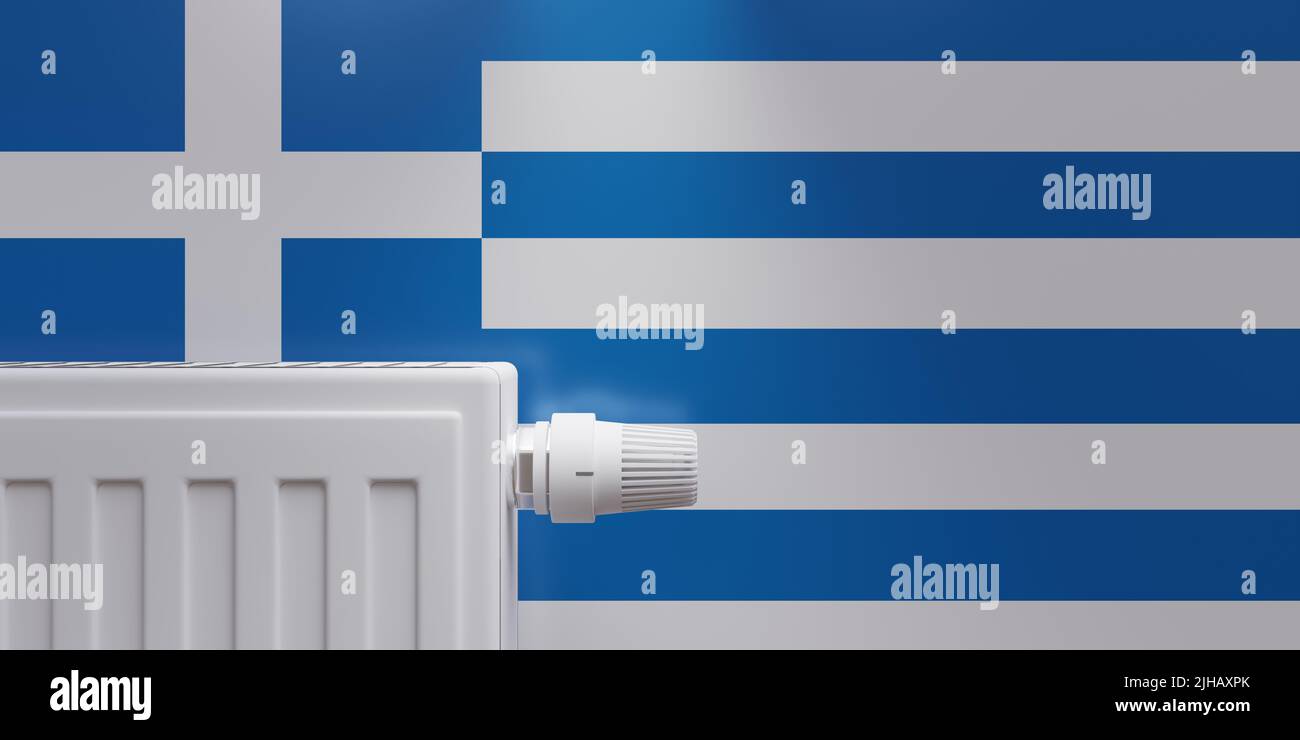 Heating radiator on Greek flag background. Natural Gas supply, warm ...