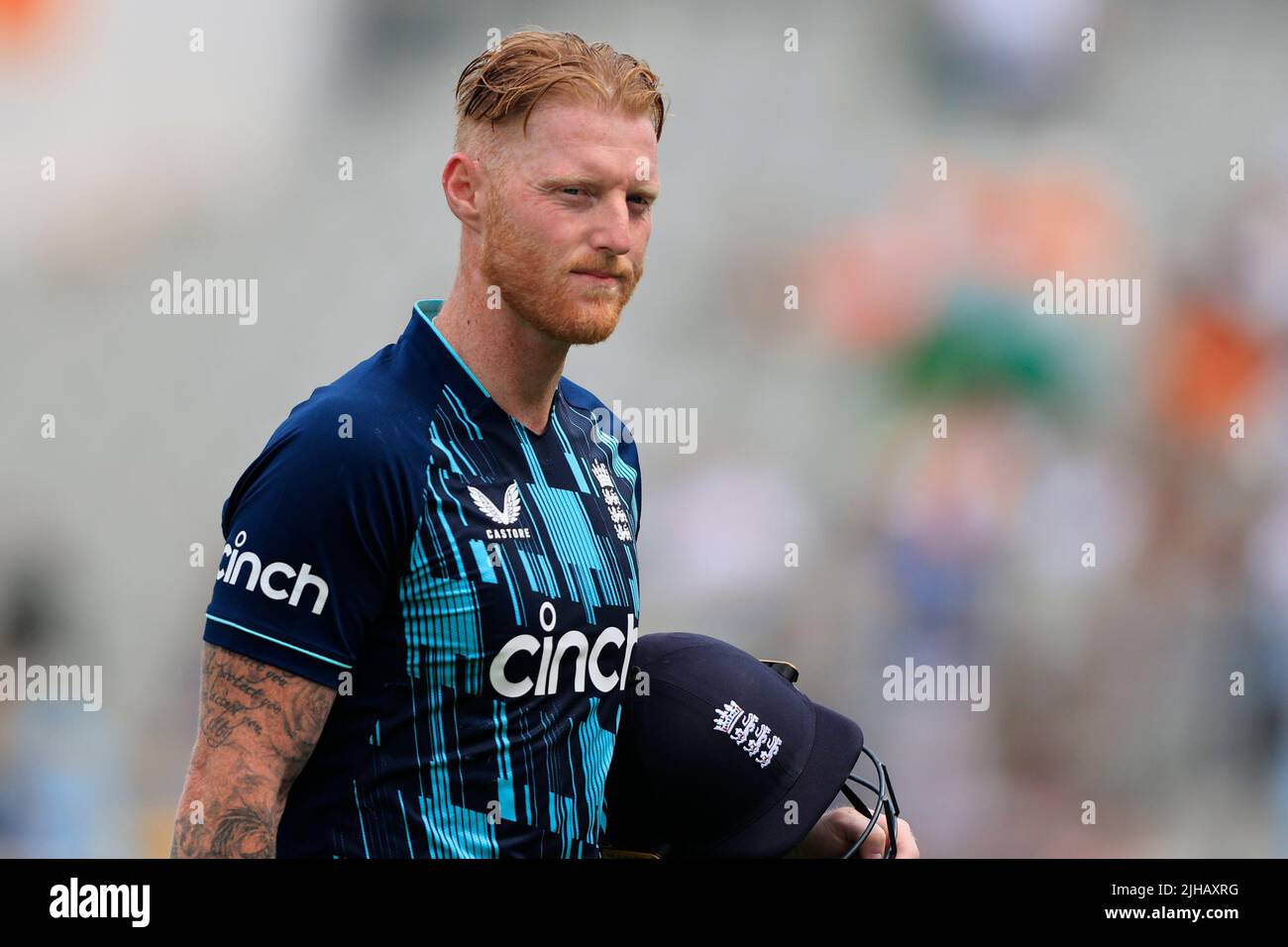 Ben Stokes of England walks back to the pavilion after being caught and ...