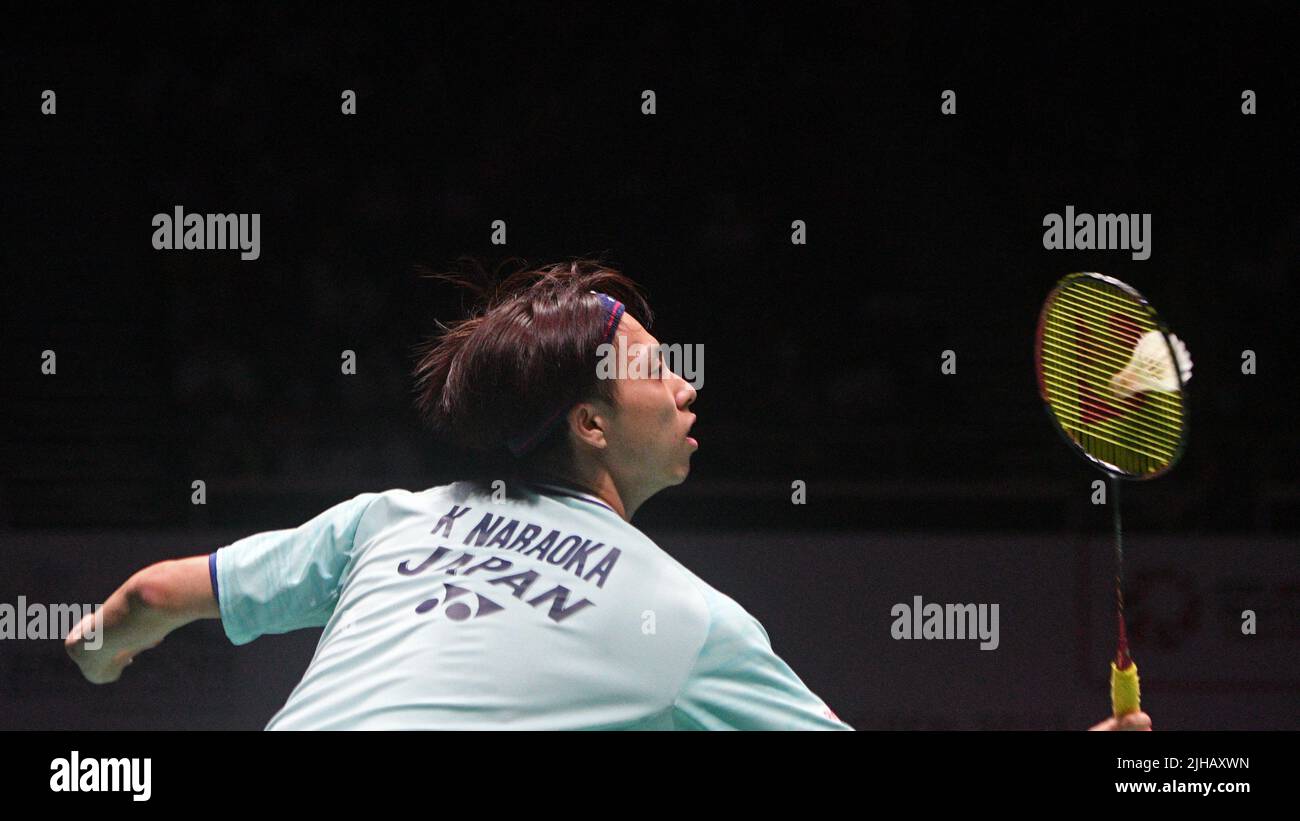 Singapore. 17th July, 2022. Naraoka Kodai of Japan hits a return during men's singles final ...
