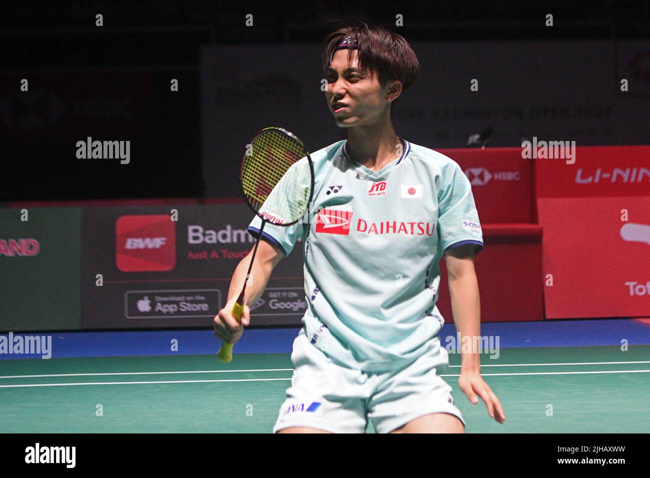Singapore. 17th July, 2022. Naraoka Kodai of Japan reacts during men's singles final against ...