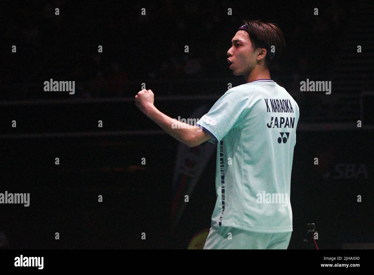 Singapore. 17th July, 2022. Naraoka Kodai of Japan reacts during men's singles final against ...