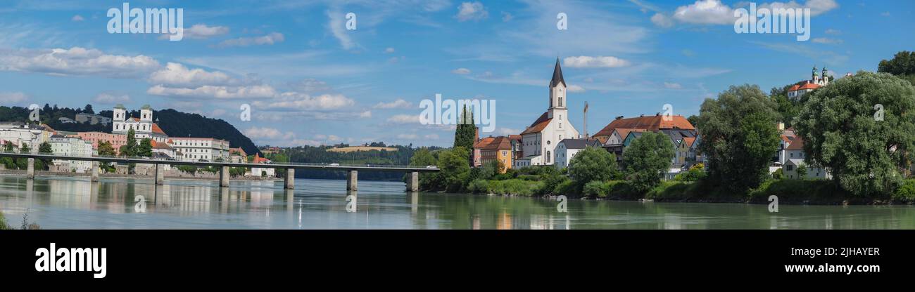 View of the city of Passau, Bavaria, Germany with the Marienbrucke ...
