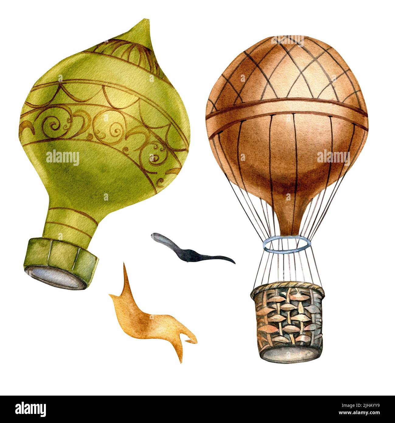 Retro hot air balloons vintage style watercolor illustration isolated ...