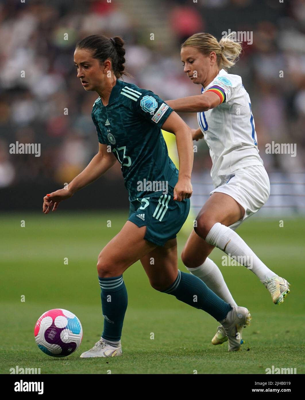 Germany's Sara Dabritz (left) and Finland's Emmi Alanen battle for the ...