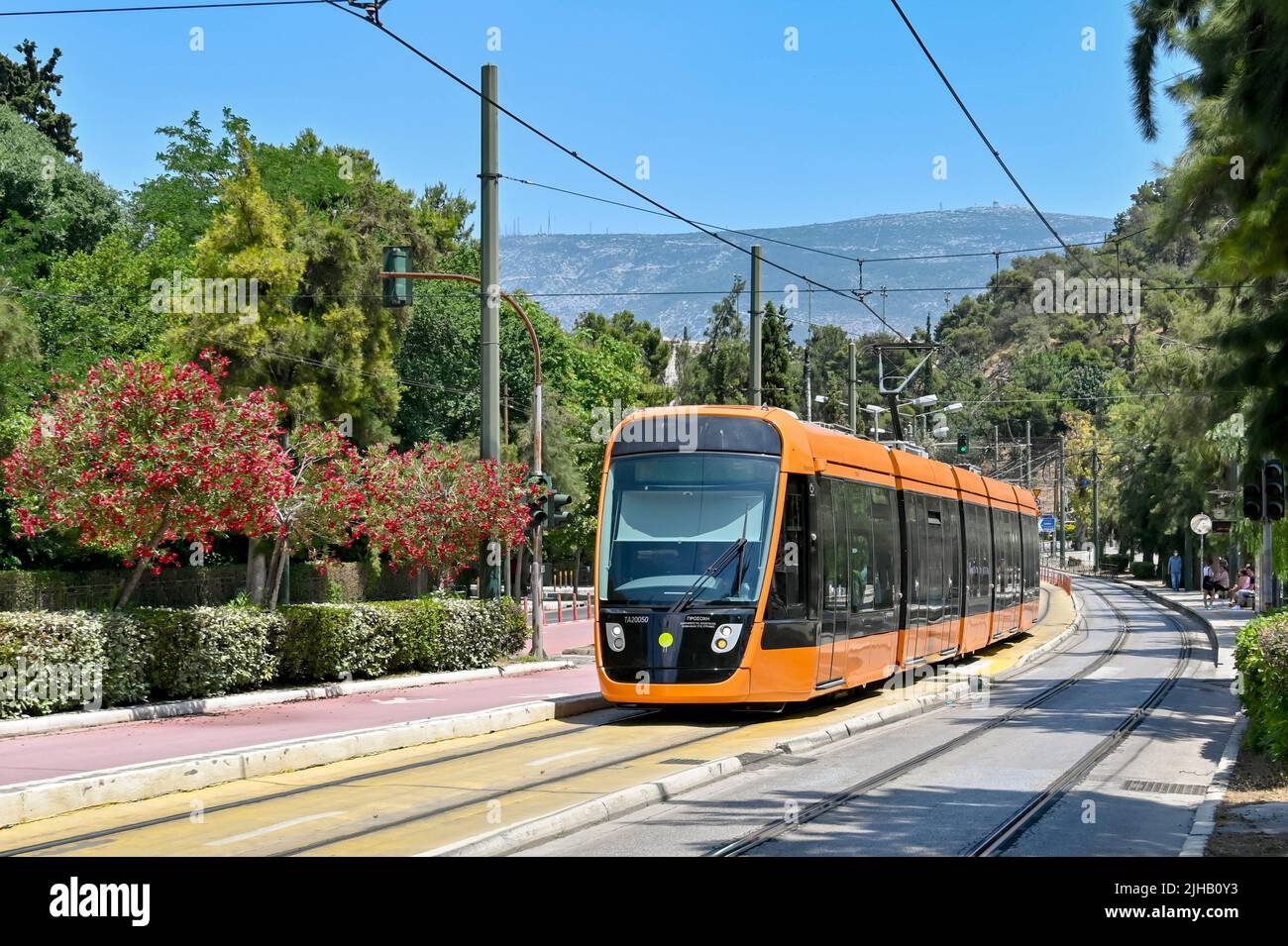 Athens, Greece - May 2022: Modern electric tram running on a street in ...