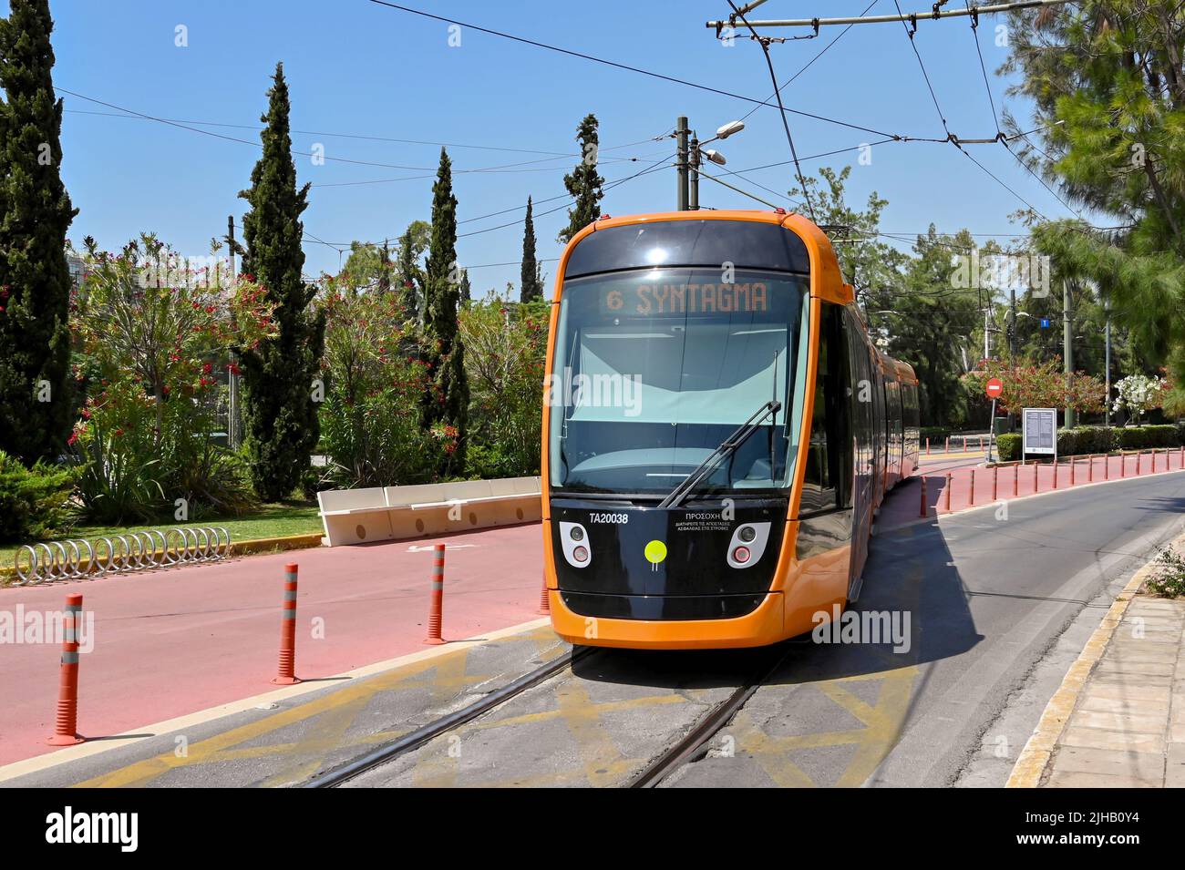 Athens, Greece - May 2022: Head on view of a modern electric tram ...