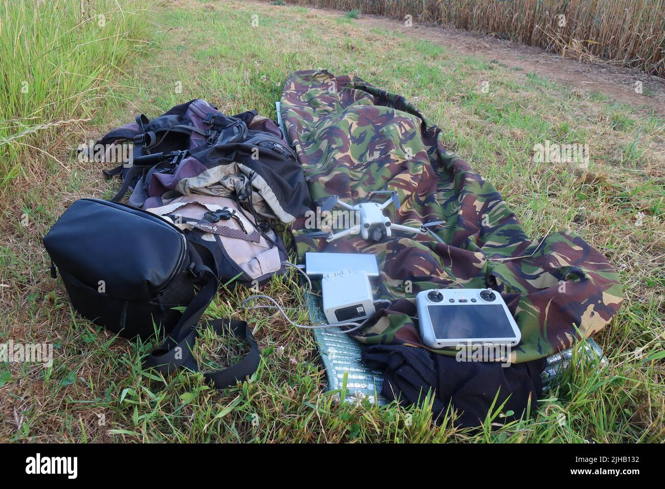 DJI mini 3 pro drone on a British Army Goretex Camouflage bivvi Stock ...