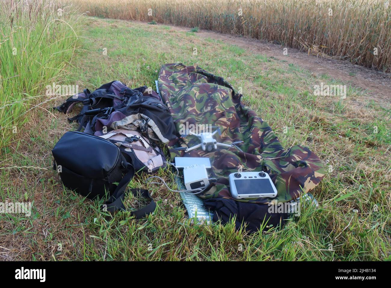 DJI mini 3 pro drone on a British Army Goretex Camouflage bivvi Stock ...