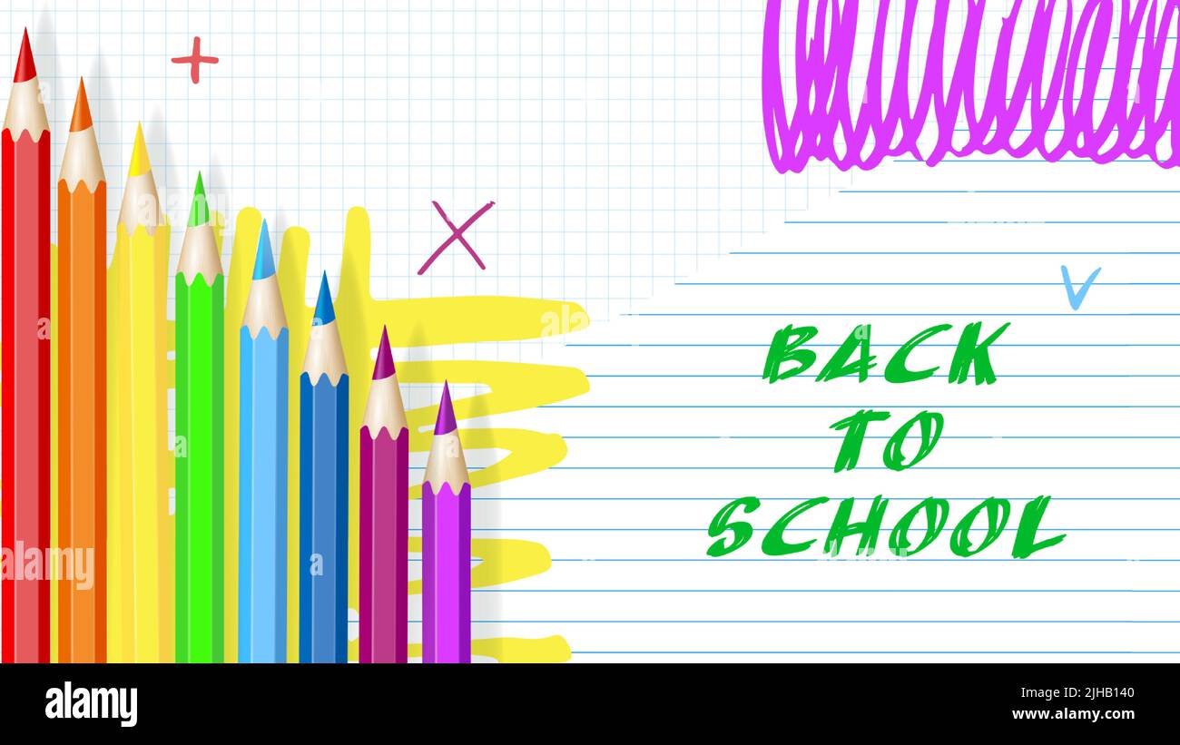 Back to school - notebook with colored pencils and scribbles. Template ...