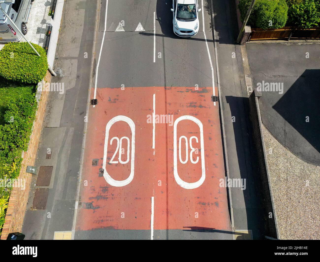 Pontypridd, Wales - July 2022: Aerial view of road markings showing 20 ...