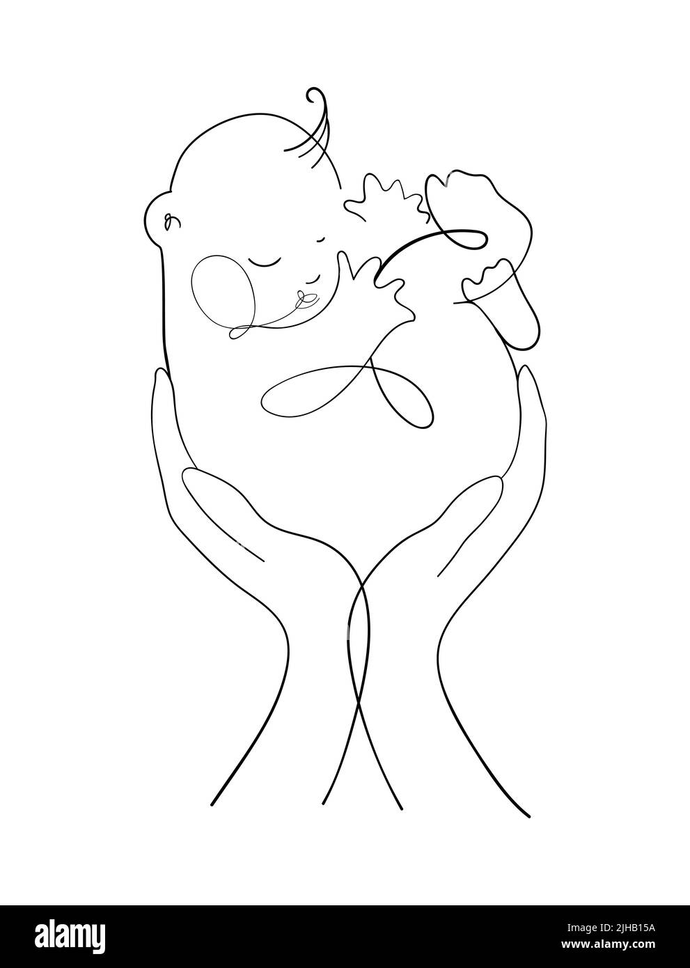 Two Hands holding a newborn baby, outline hand drawing. Illustration ...