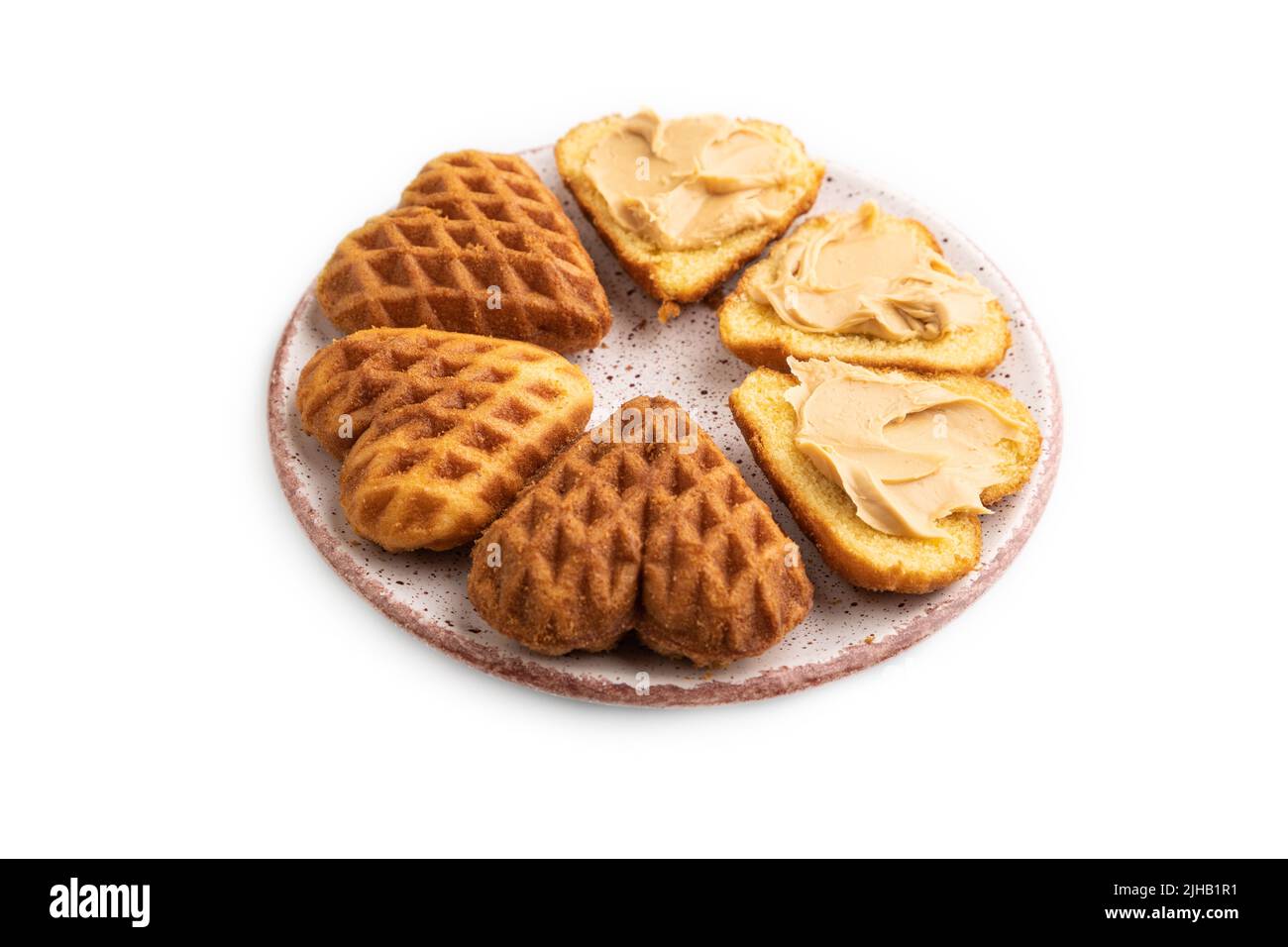 Homemade waffle with peanut butter isolated on white background. side ...