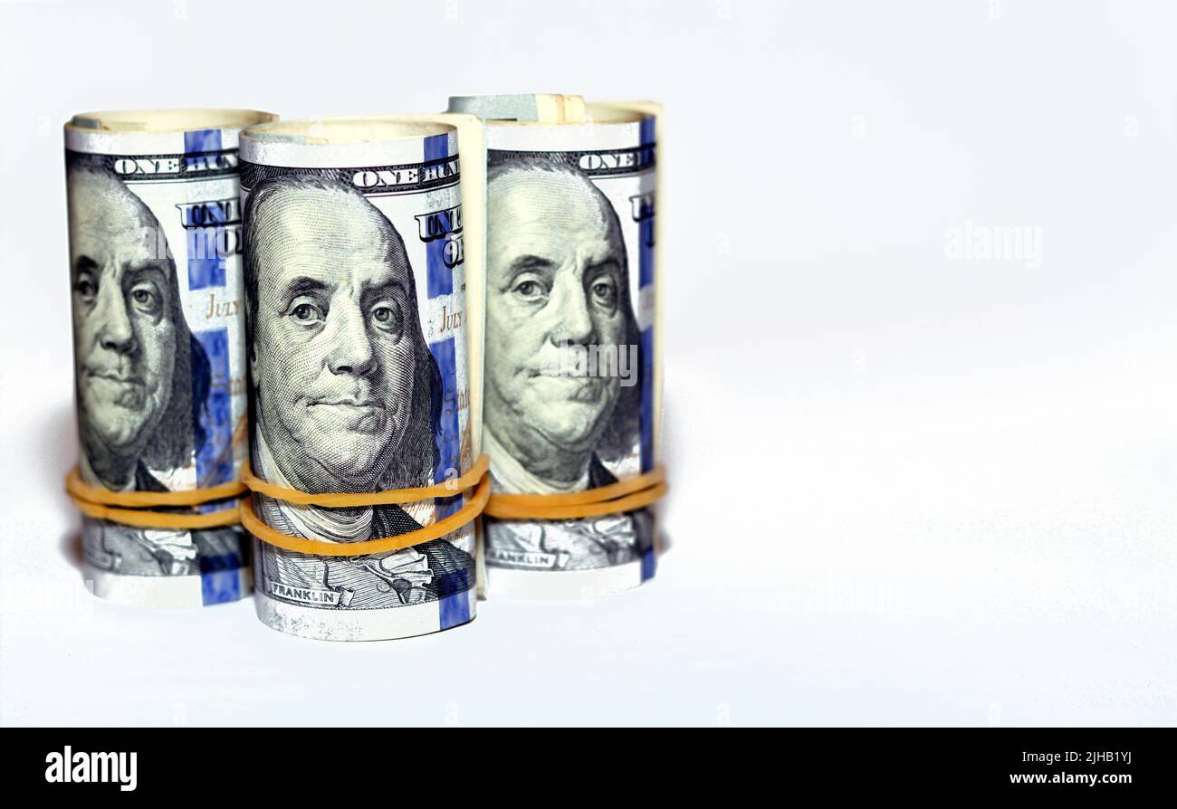 Bundles of money rolls of dollars isolated on white background, stack ...