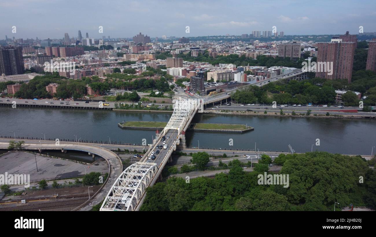 An aerial view of the Macombs Dam and Bridge in the city of New York ...