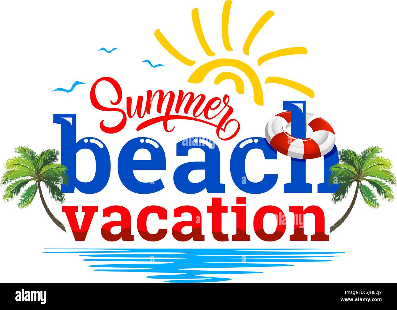 Summer beach party flyer design. Water, waves, seagulls, sun, palm ...