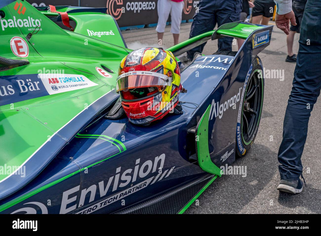 Robin Frijns' helmet seen on top of car no. 4 before the race during ...