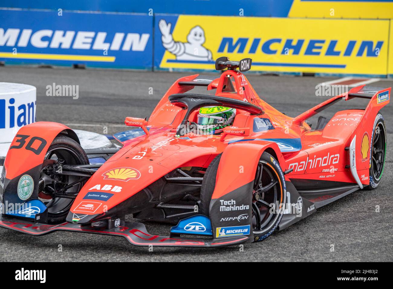 Oliver Rowland (car no. 30) of Mahindra Racing drives during the ...