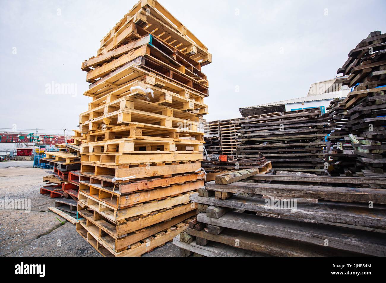 Stock Piles of wooden pallets in a yard ready for breaking up and ...
