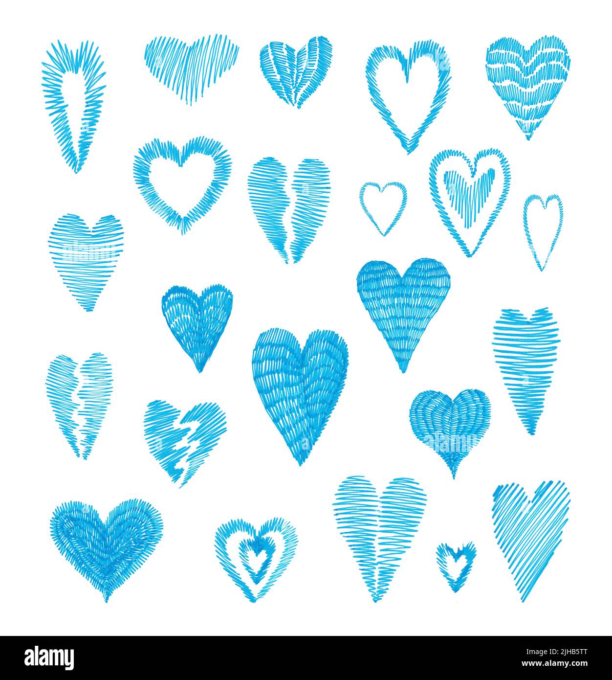 Hand drawn blue abstract illustration hearts elements. Assorted ...