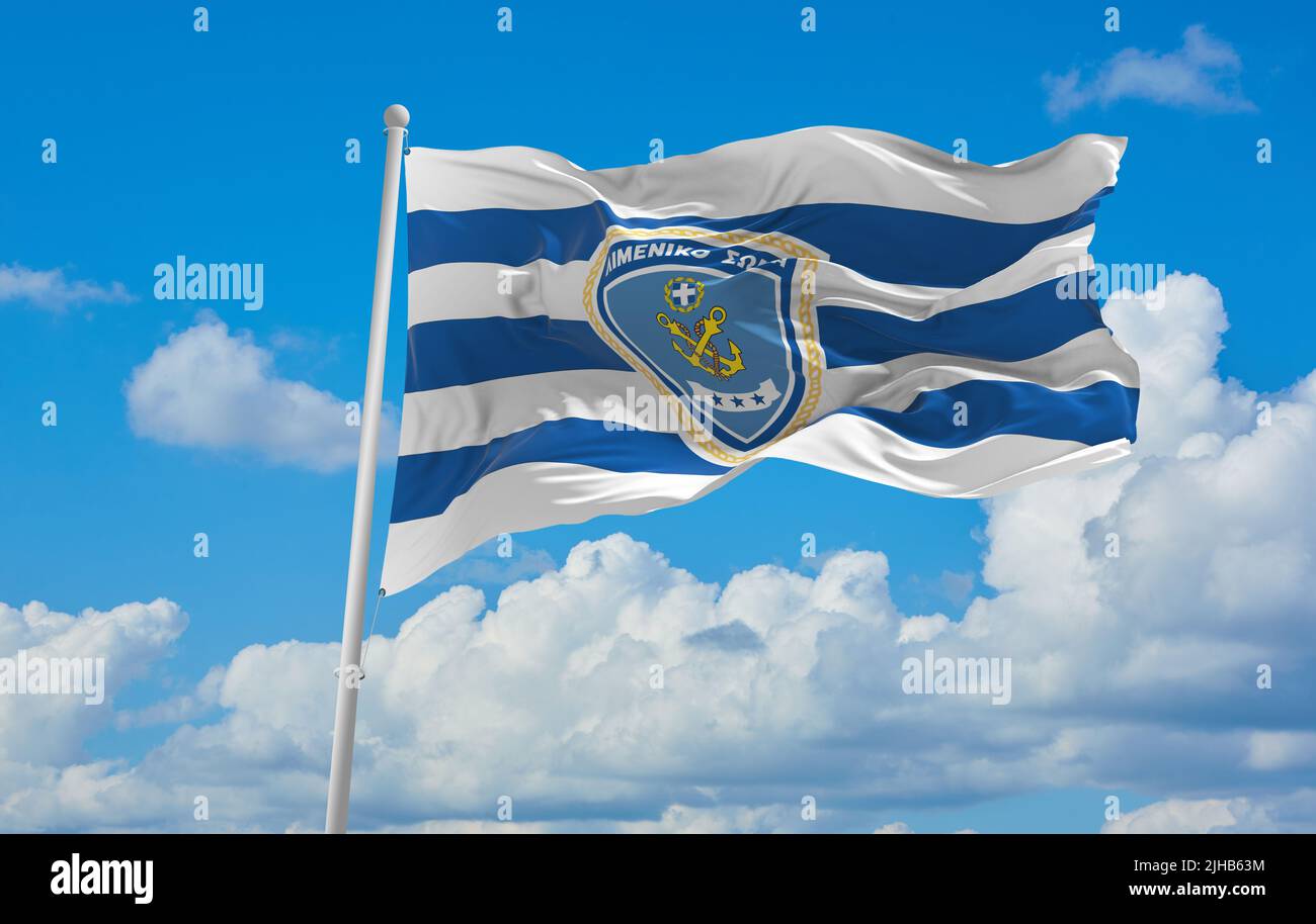 official flag of Hellenic Coast Guard Greece at cloudy sky background ...