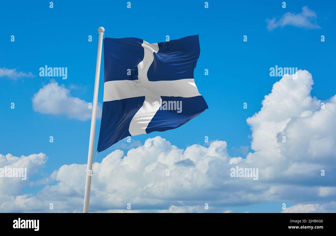 official flag of Naval Jack Greece at cloudy sky background on sunset ...