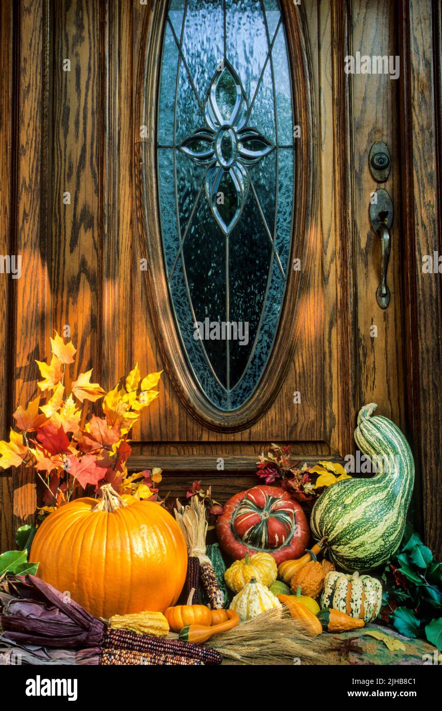 Colorful door display of autumn pumpkins and squash, Monroe, New Jersey ...