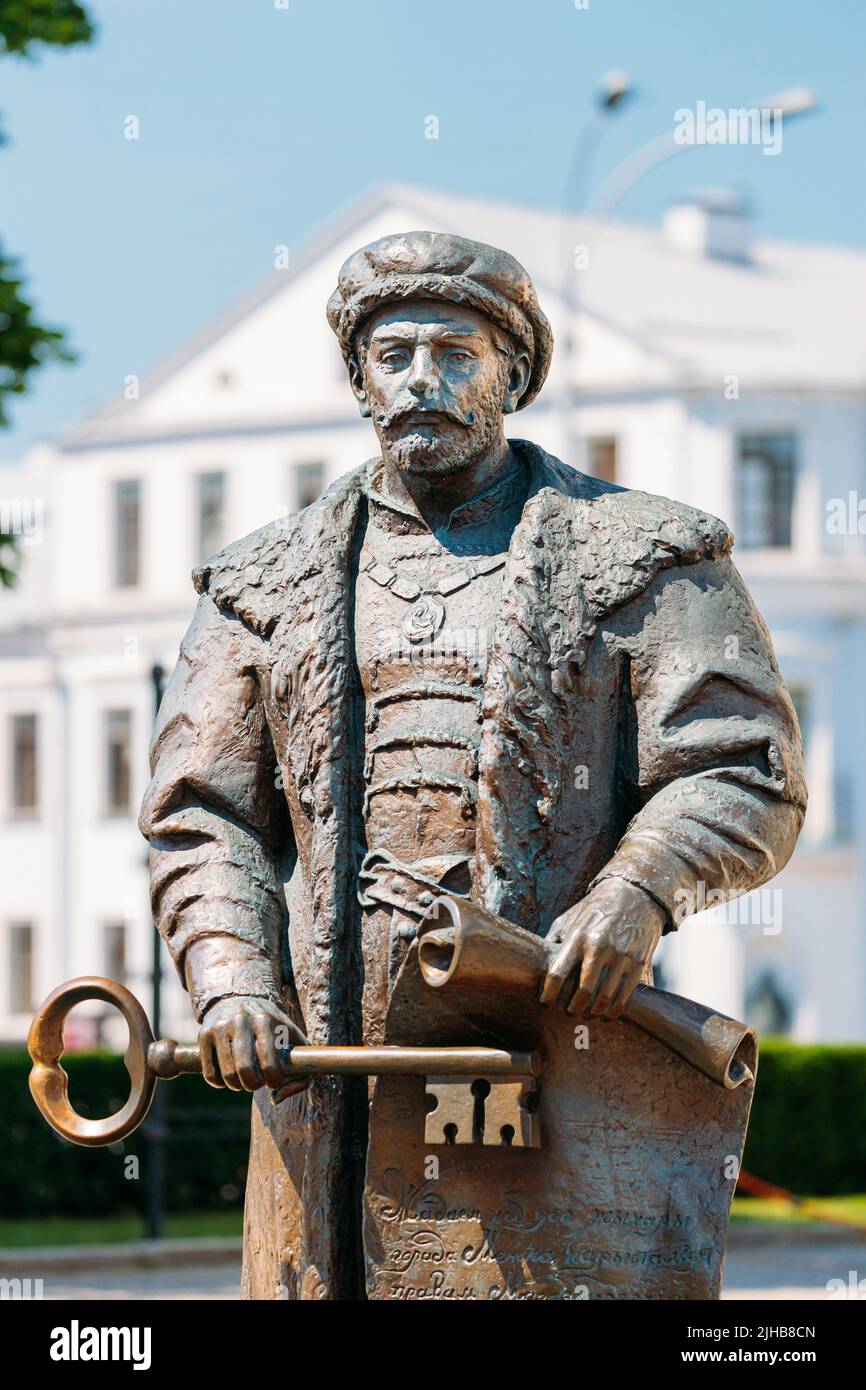 Minsk, Belarus - July 1, 2021: Statue of the Mayor with the key and a ...