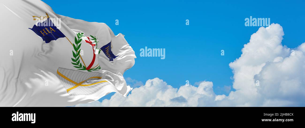 official flag of Filiki Eteria Greece at cloudy sky background on ...