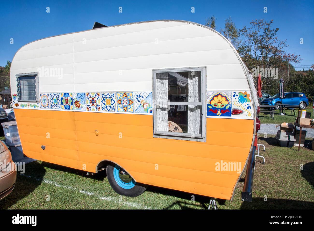 Vintage small camper brightly coloured, Vermont, USA US Vt Stock Photo ...