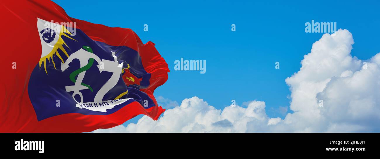 official flag of Interpretation of Hydra Greece at cloudy sky ...