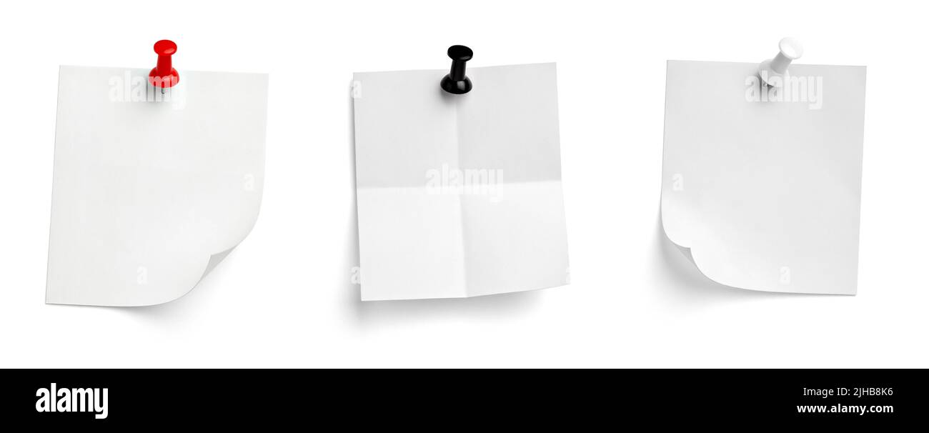 collection of various note paper with a push pin on white background ...
