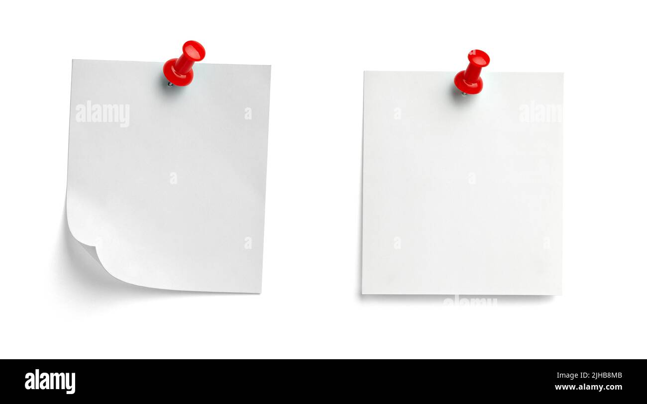 collection of various note paper with a push pin on white background ...