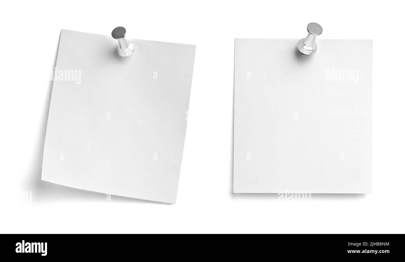 collection of various note paper with a push pin on white background ...