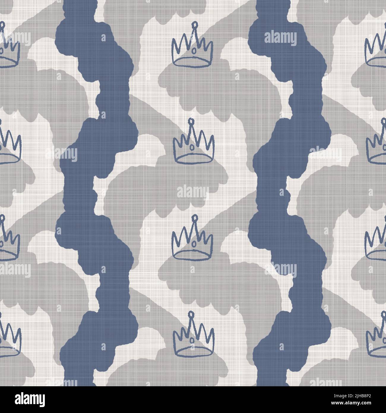 French blue crown motif seamless pattern. Tonal country cottage style ...