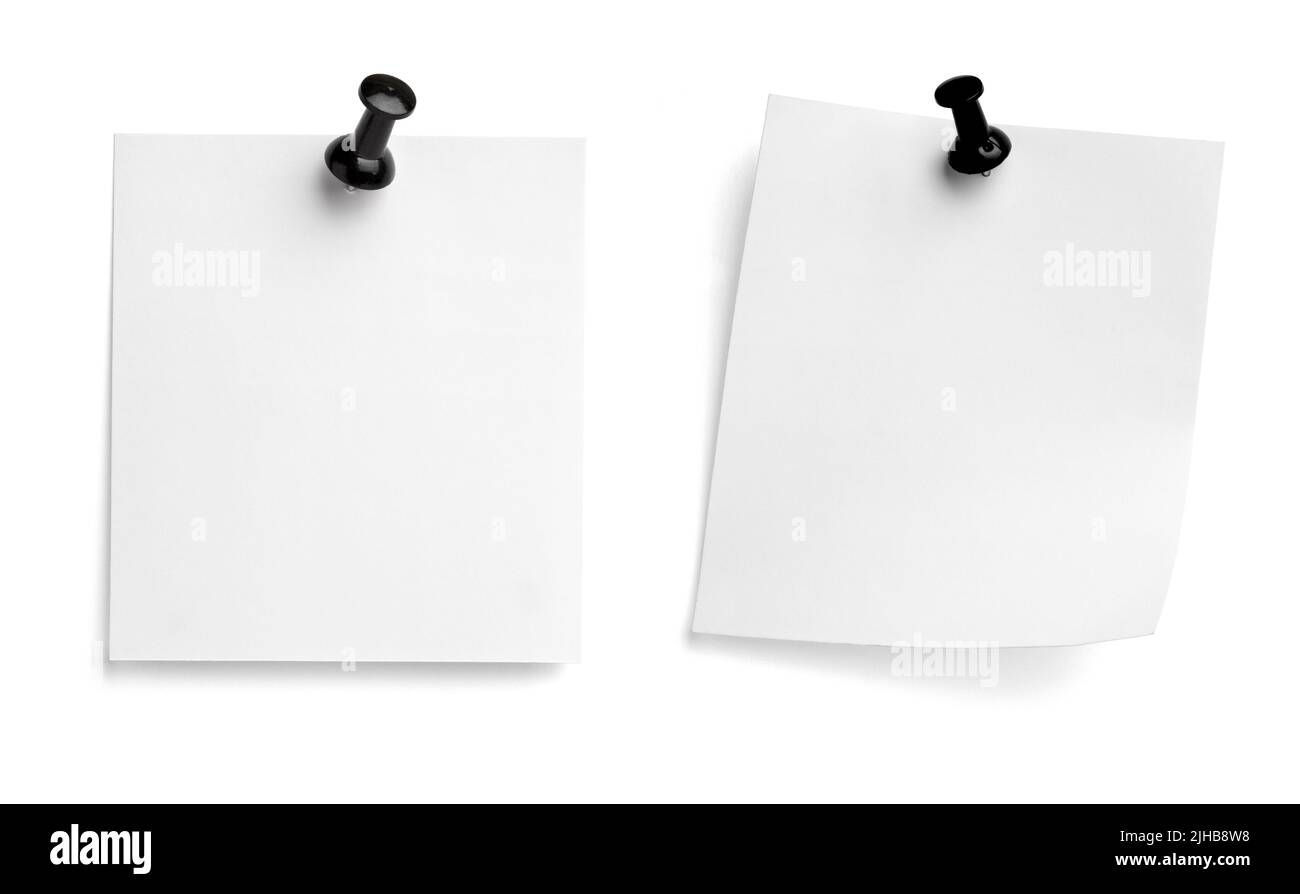 collection of various note paper with a push pin on white background ...