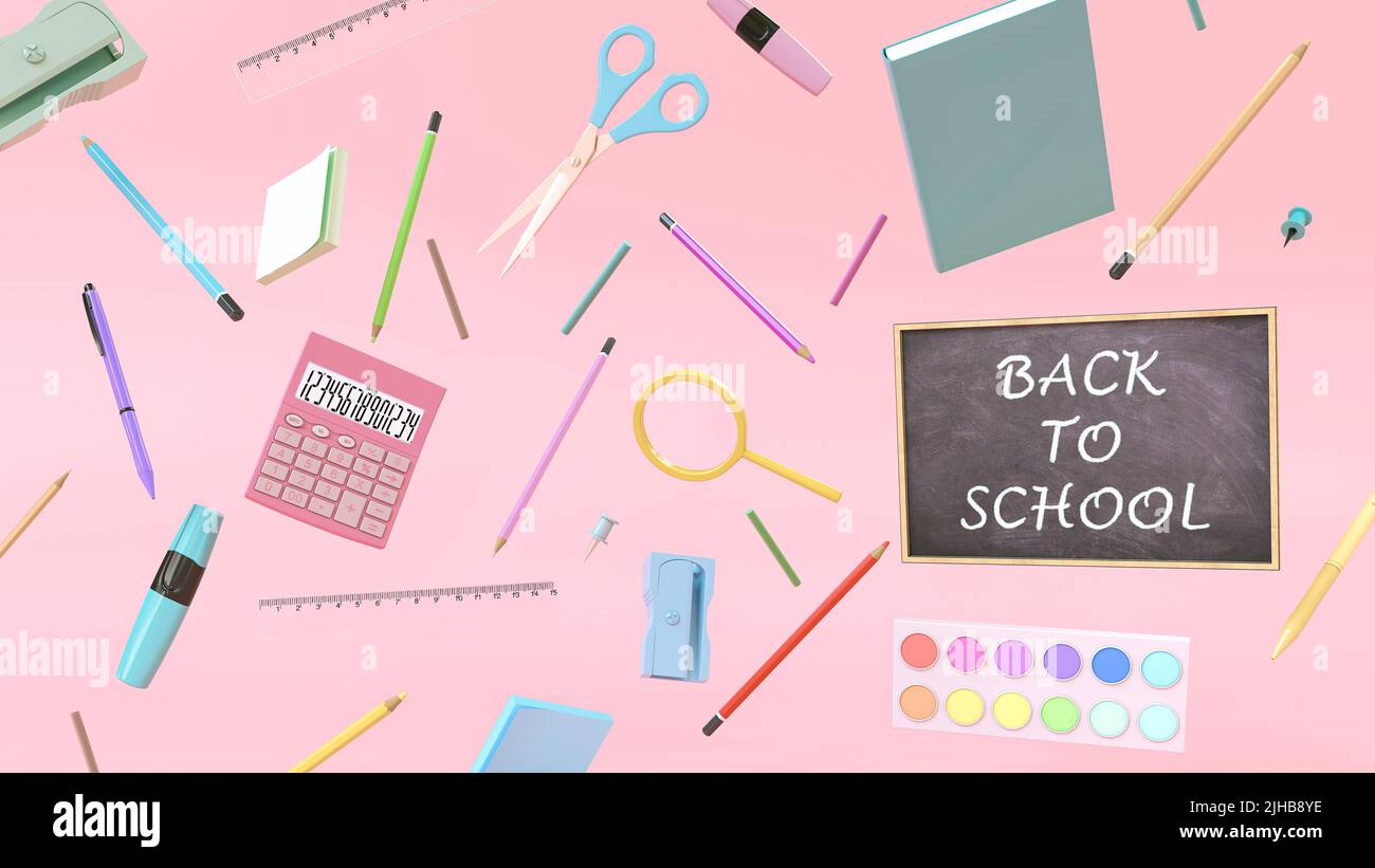 Creative back to school concept on pastel pink background. All school ...
