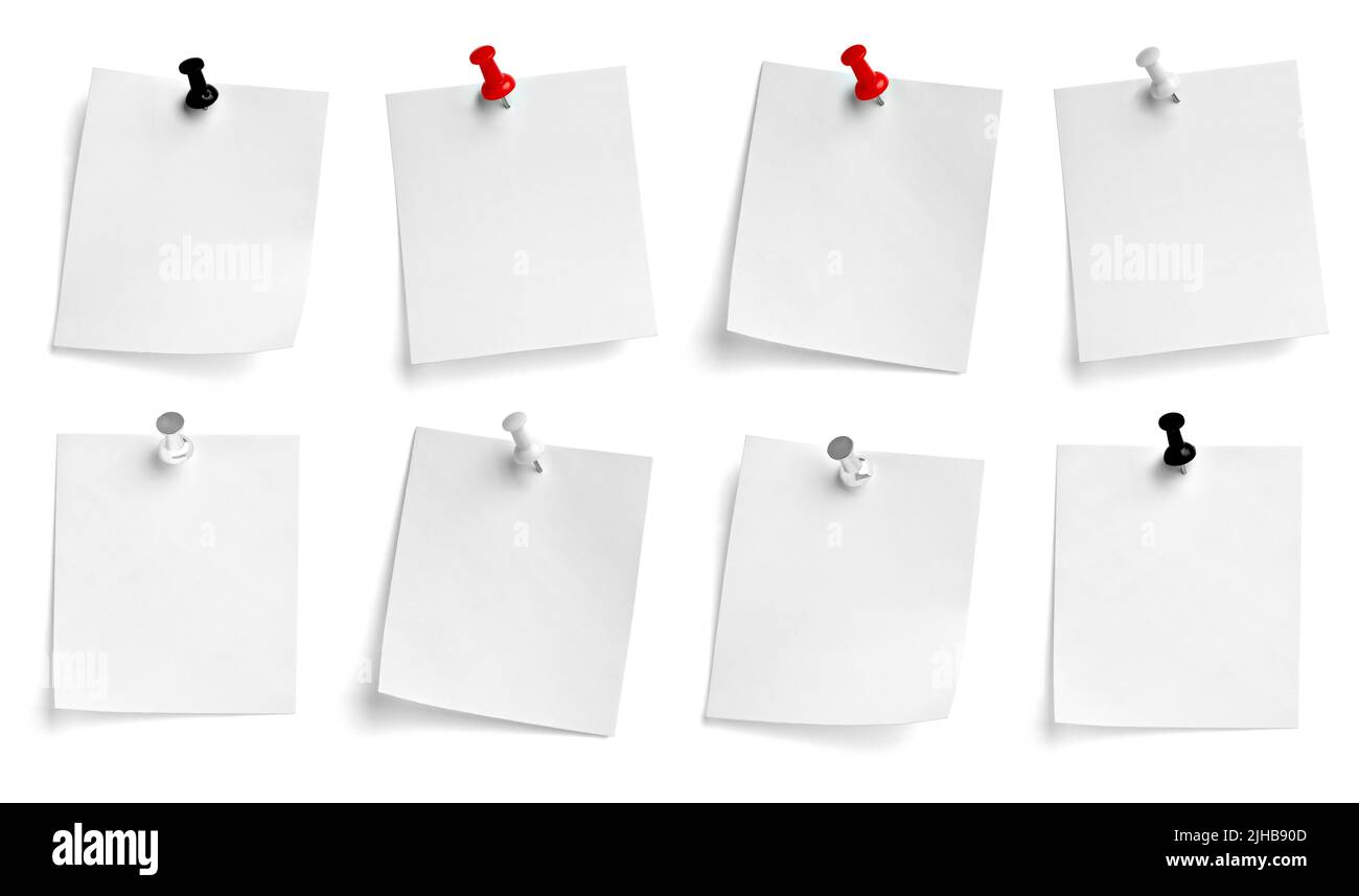 collection of various note paper with a push pin on white background ...