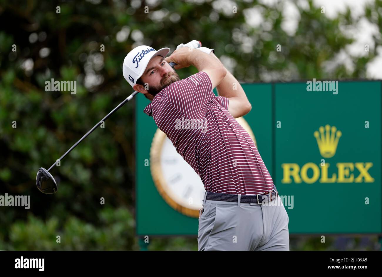 USA's Cameron Young tees off the 3rd during day four of The Open at the ...