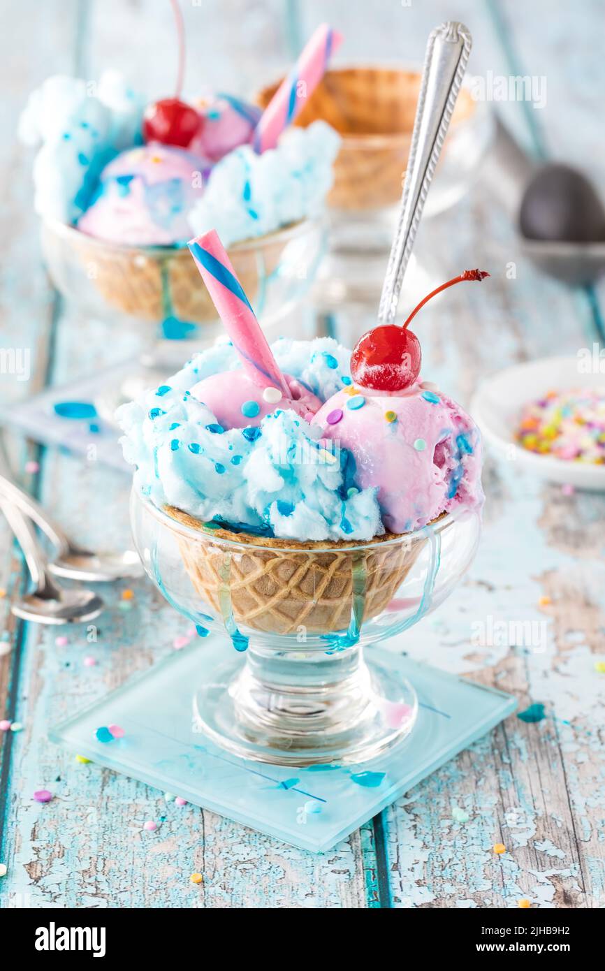 Close up vertical view of cotton candy sundaes, ready for eating Stock ...