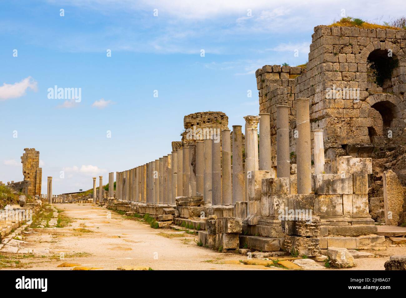 Column Street in Perge. Ruins of the ancient city. The main street of ...
