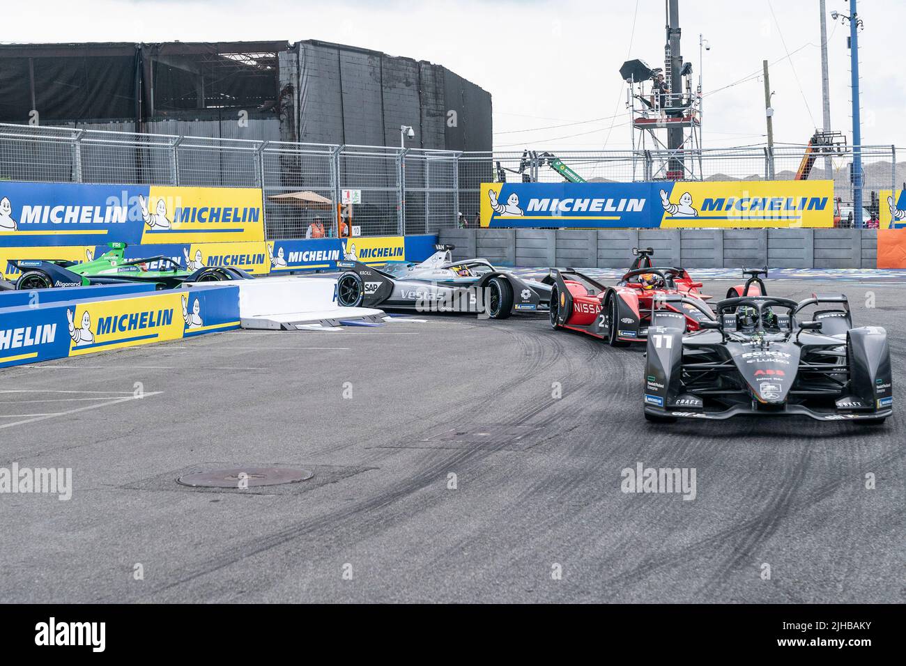 Cars driven along the tracks during round 11 of Formula E racing at ...