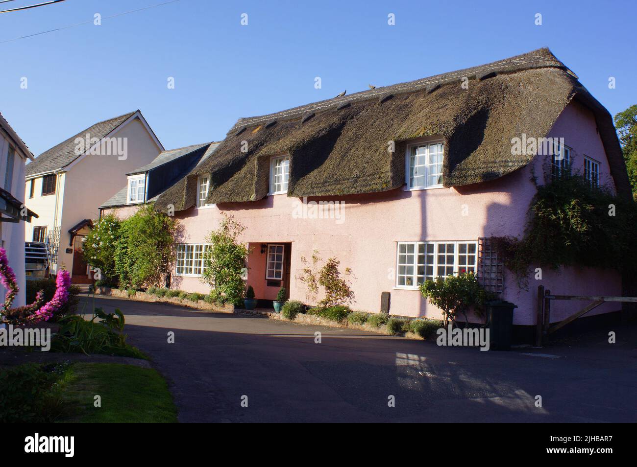 A traditional thatched roof cottage in the village of Dunster, Minehead ...