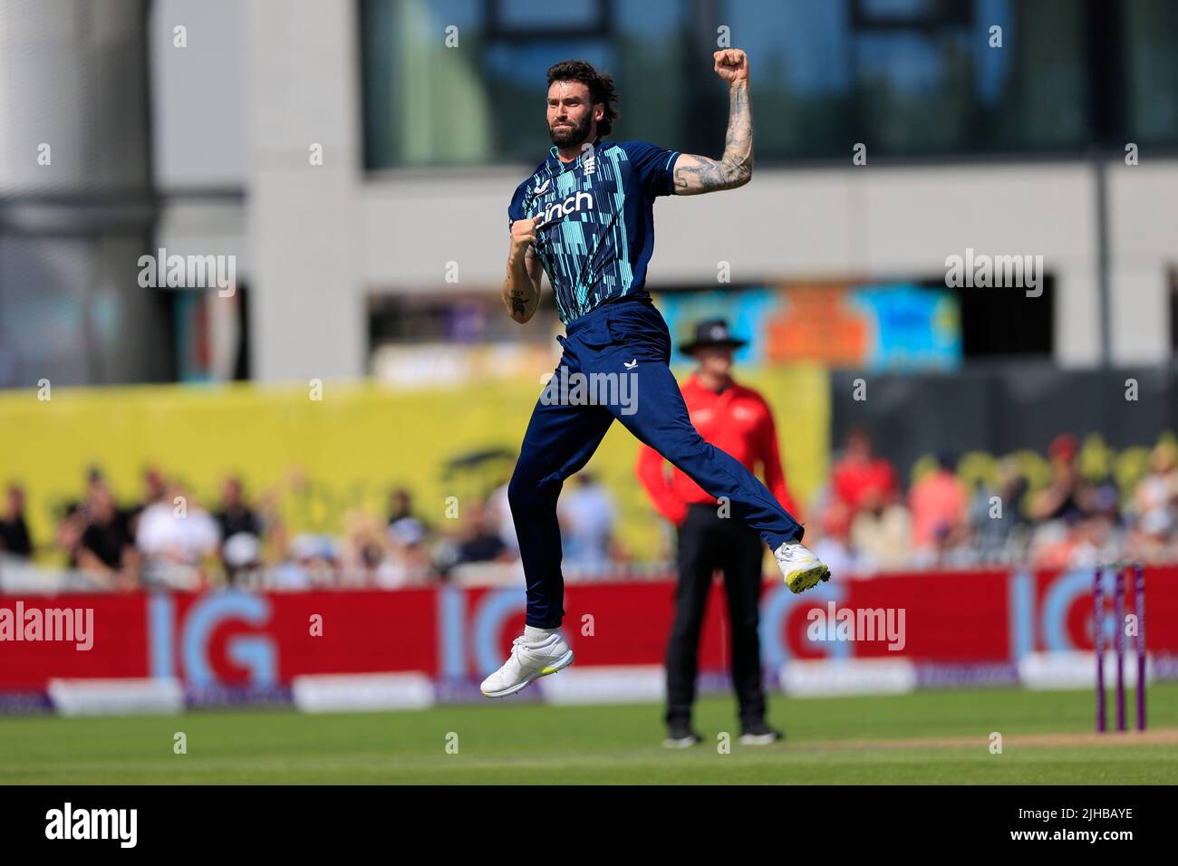 Reece Topley of England celebrates taking the wicket of Shikhar Dhawan ...