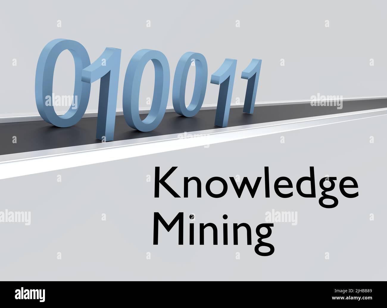 3D illustration of Knowledge Mining text under a conveyor belt loaded ...
