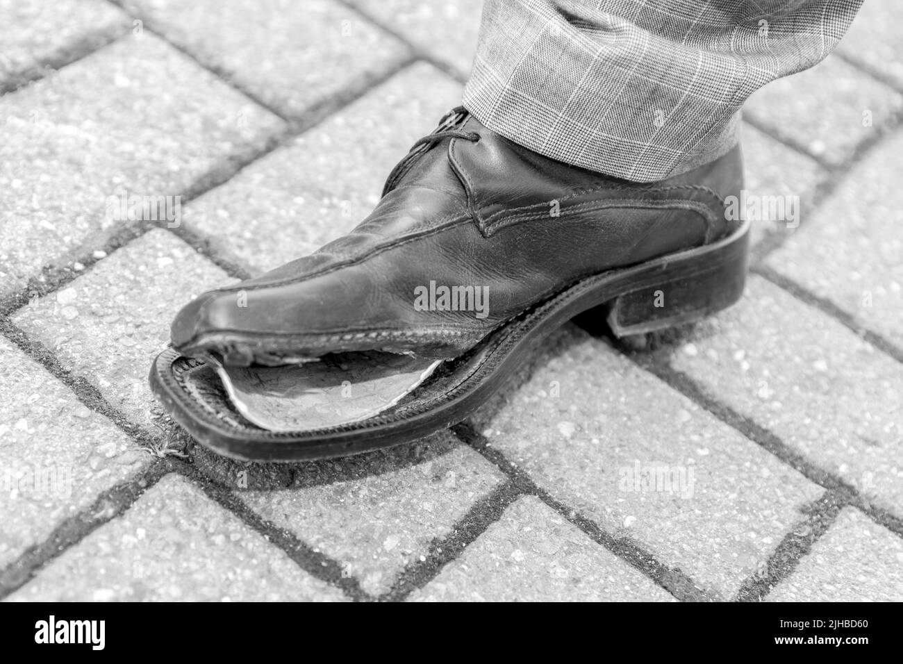 Torn men shoe. Broken men leather shoe. Close-up of broken leather ...
